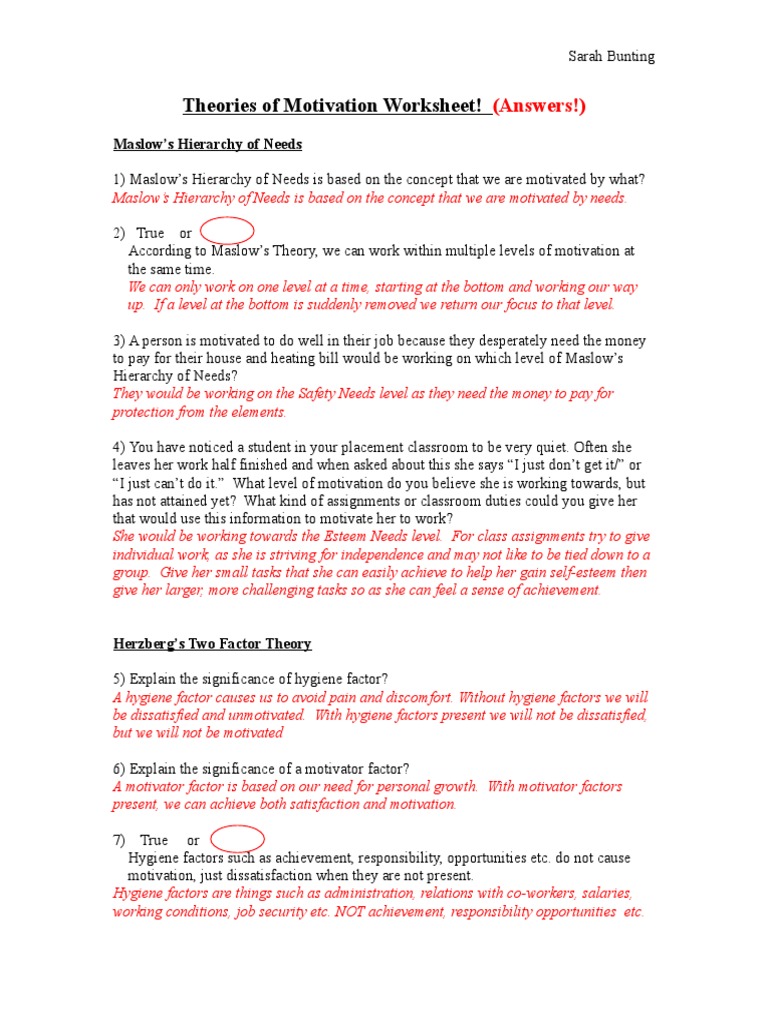 Theories of Motivation Worksheet!: (Answers!) | PDF | Experimental ...