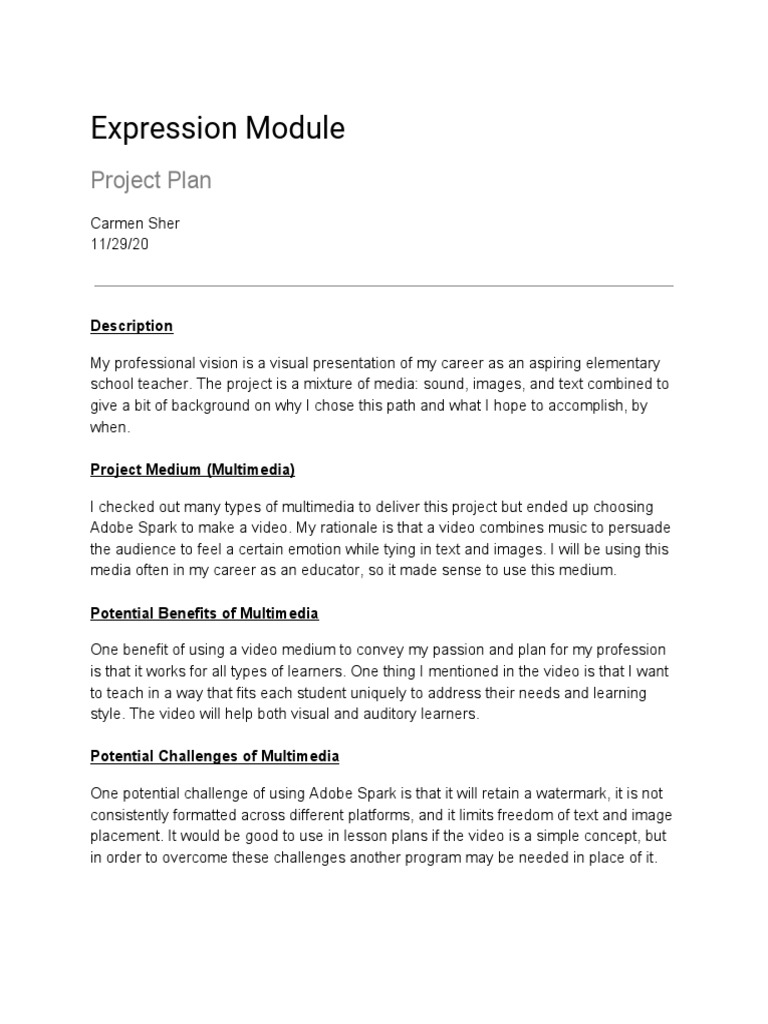 Expression Module Project Plan | PDF | Multimedia | Teachers
