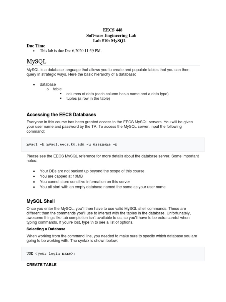 Mysql: Eecs 448 Software Engineering Lab Lab #10: Mysql Due Time | PDF | Databases | Data Management