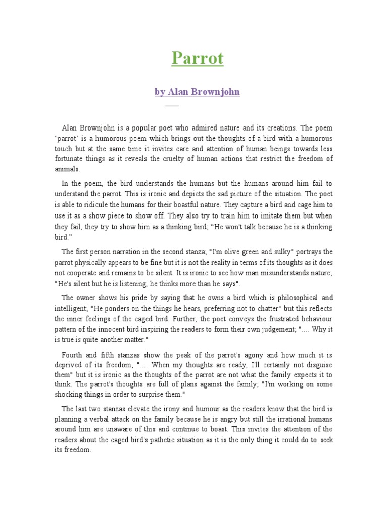 Parrot: by Alan Brownjohn | PDF | Irony | Poetry