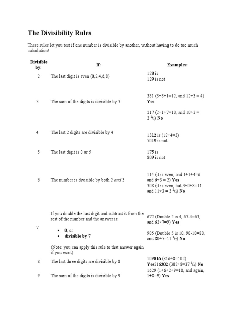The Divisibility Rules: Divisible By: If: Examples | PDF | Arithmetic ...