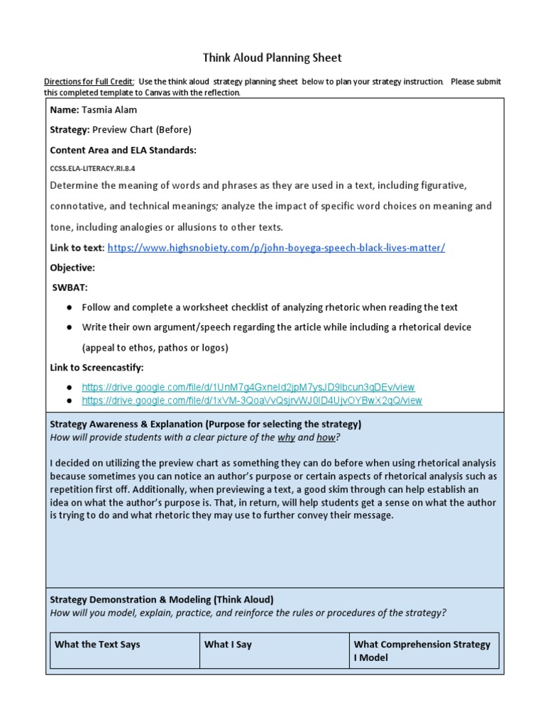 Think Aloud Planning Sheet | PDF | Rhetoric | Reading Comprehension