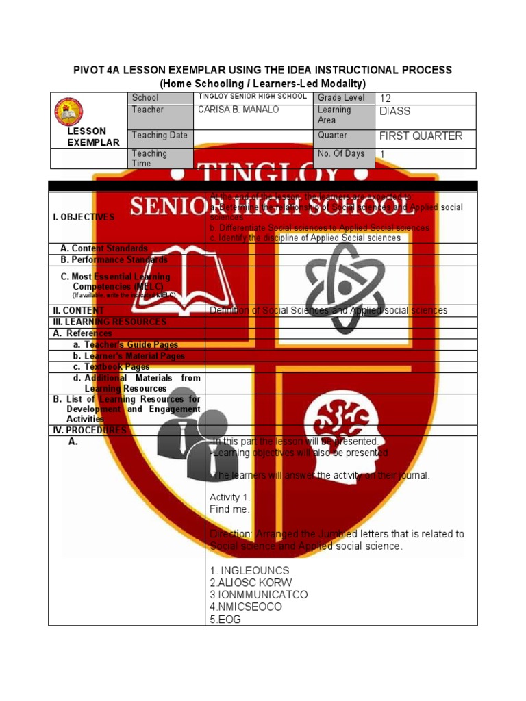 Pivot 4A Lesson Exemplar Using The Idea Instructional Process (Home ...