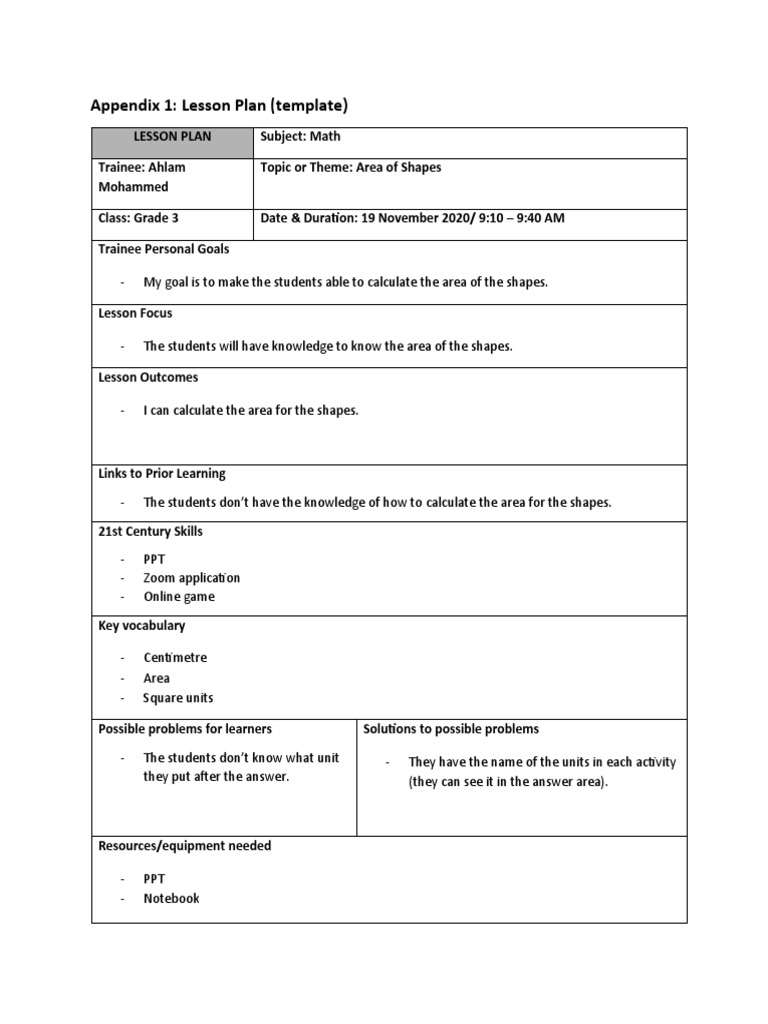 Math Area of Shapes | PDF | Educational Assessment | Lesson Plan