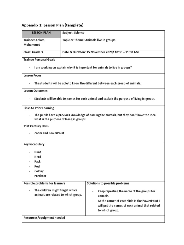 Appendix 1: Lesson Plan (Template) | PDF | Lesson Plan | Educational ...