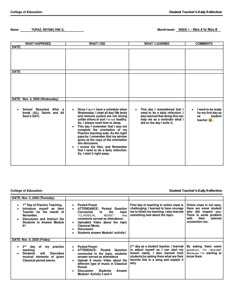 Student Teacher's Daily Reflection: College of Education | PDF | Cognition | Behavior Modification