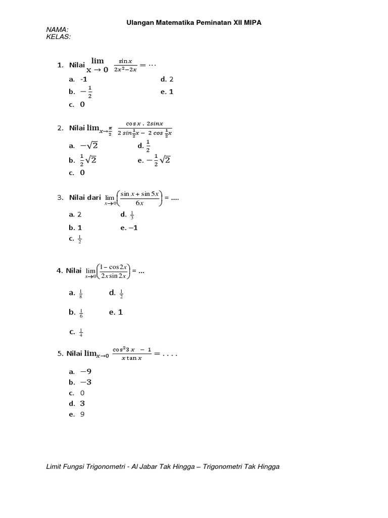 Ulangan Limit Trigonometri | PDF