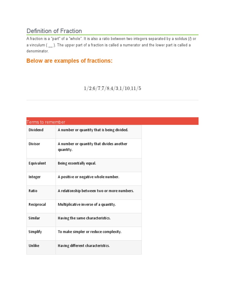 Definition of Fraction | PDF | Fraction (Mathematics) | Division ...
