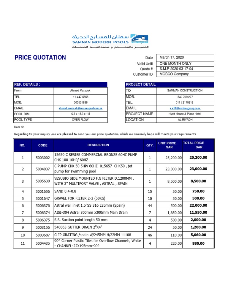 Price Quotation: Quote/Project Description Ref. Details: Project Detail ...