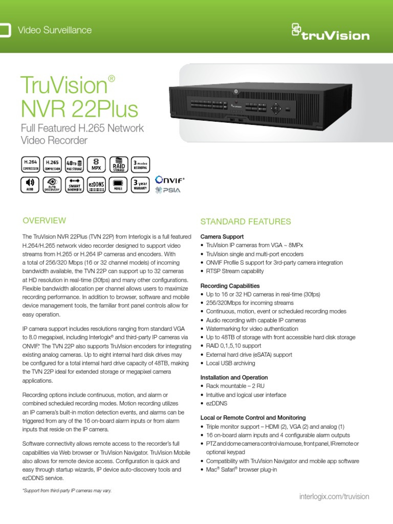 Truvision NVR 22plus: Full Featured H.265 Network Video Recorder | PDF | Streaming Media ...