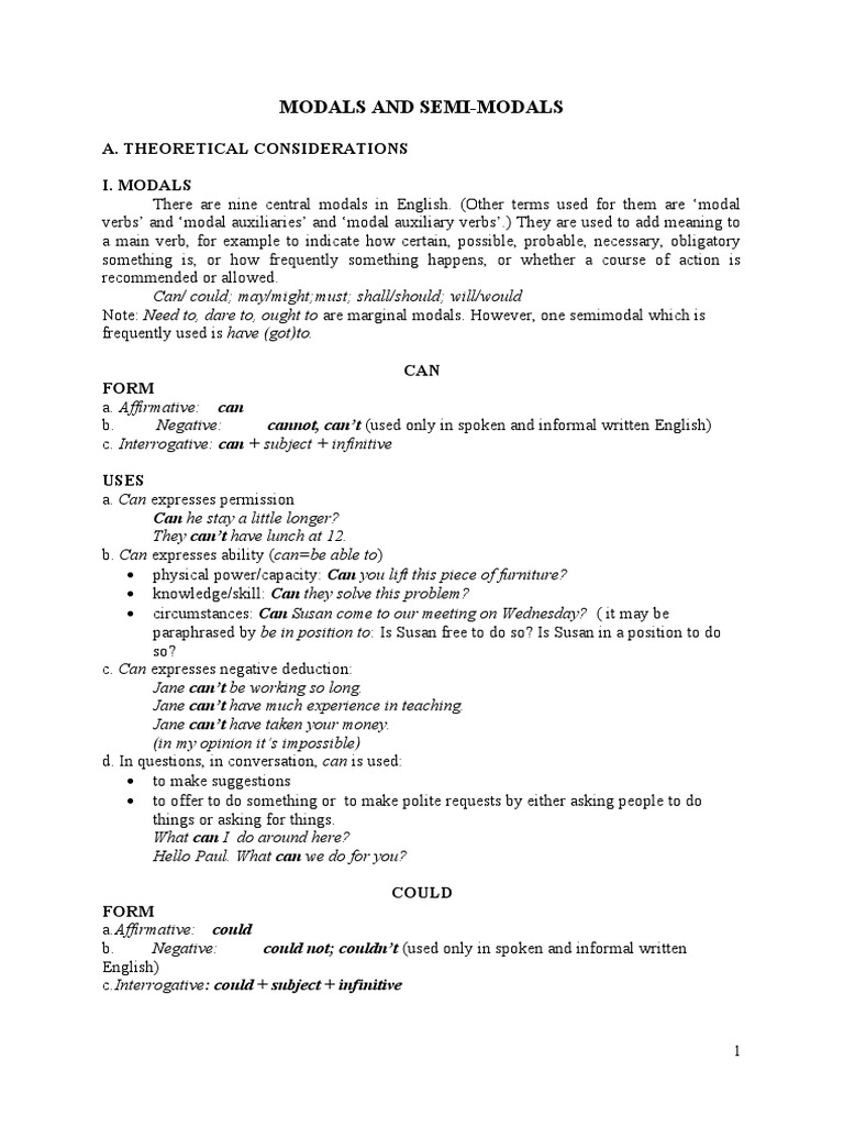 Modals and Semi-Modals | PDF | Linguistic Morphology | Syntactic ...