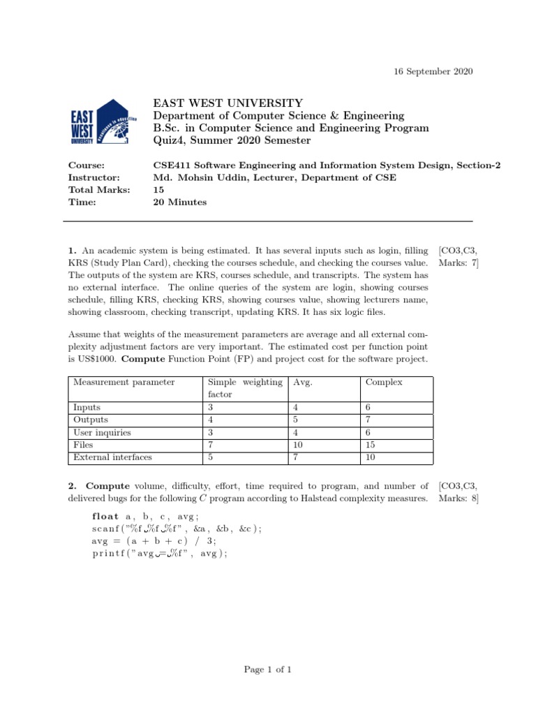 CSE411 2 Quiz4 Summer2020 PDF | PDF | Computers