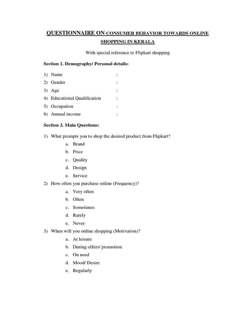 Questionnaire On Consumer Behavior Towards Online Shopping in Kerala ...