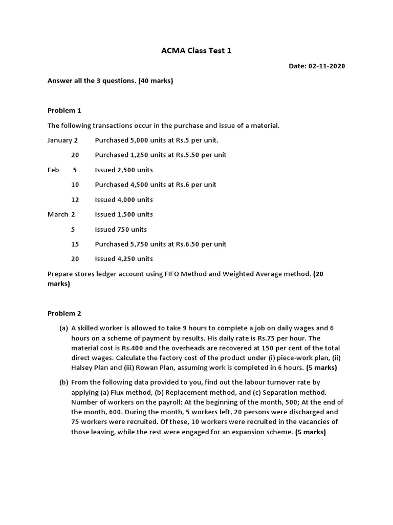 ACMA Class Test 1: Date: 02-11-2020 Answer All The 3 Questions. (40 ...