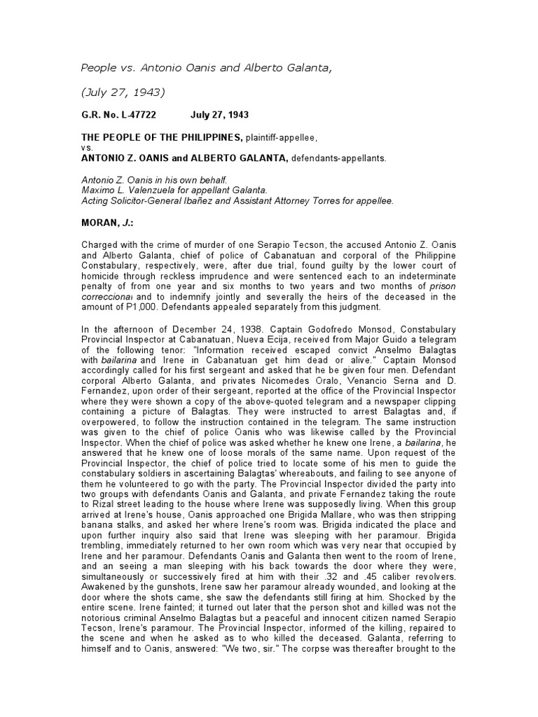 People vs. Antonio Oanis and Alberto Galanta | PDF | Criminal Law ...