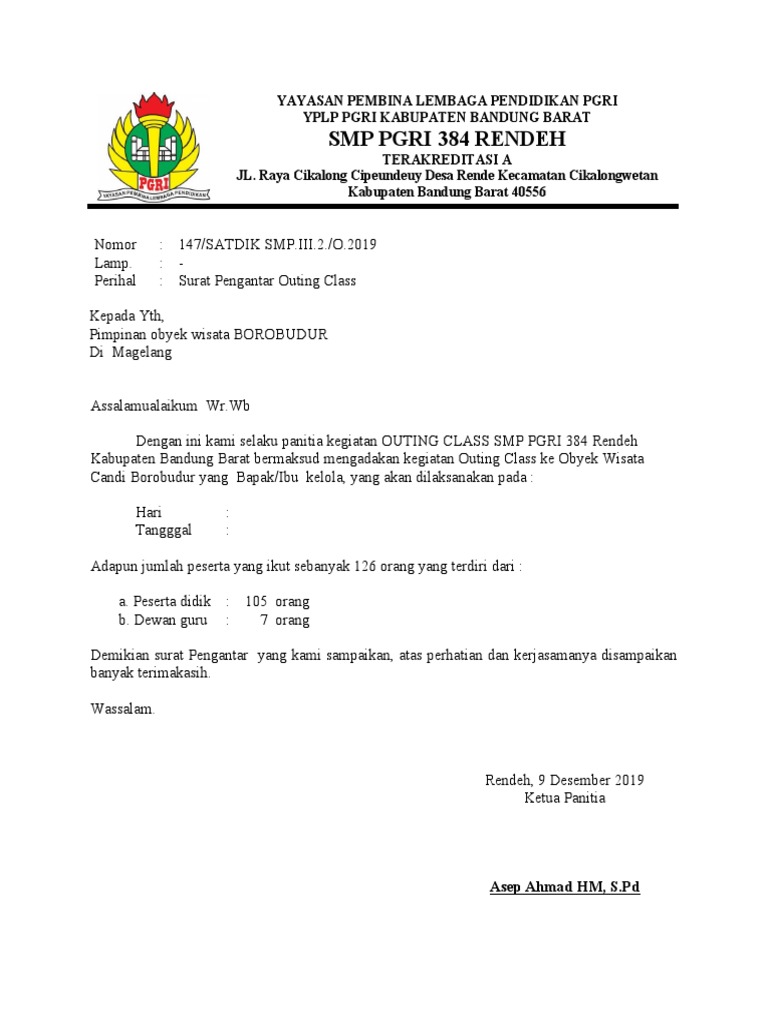 Surat Pengantar Outing Class | PDF