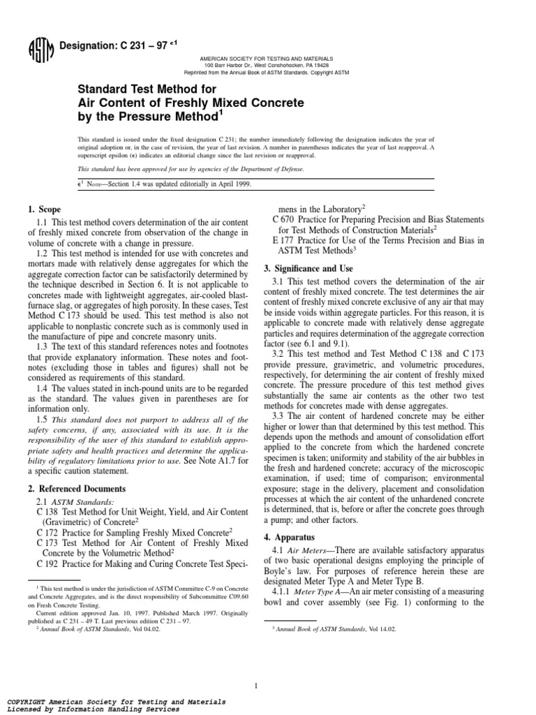 ASTM C 231 - 97 Air Content of Freshly Mixed Conc-Press Meth | PDF ...
