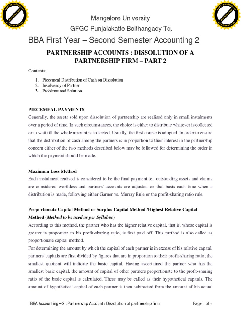 BBA First Year - Second Semester Accounting 2: Partnership Accounts ...