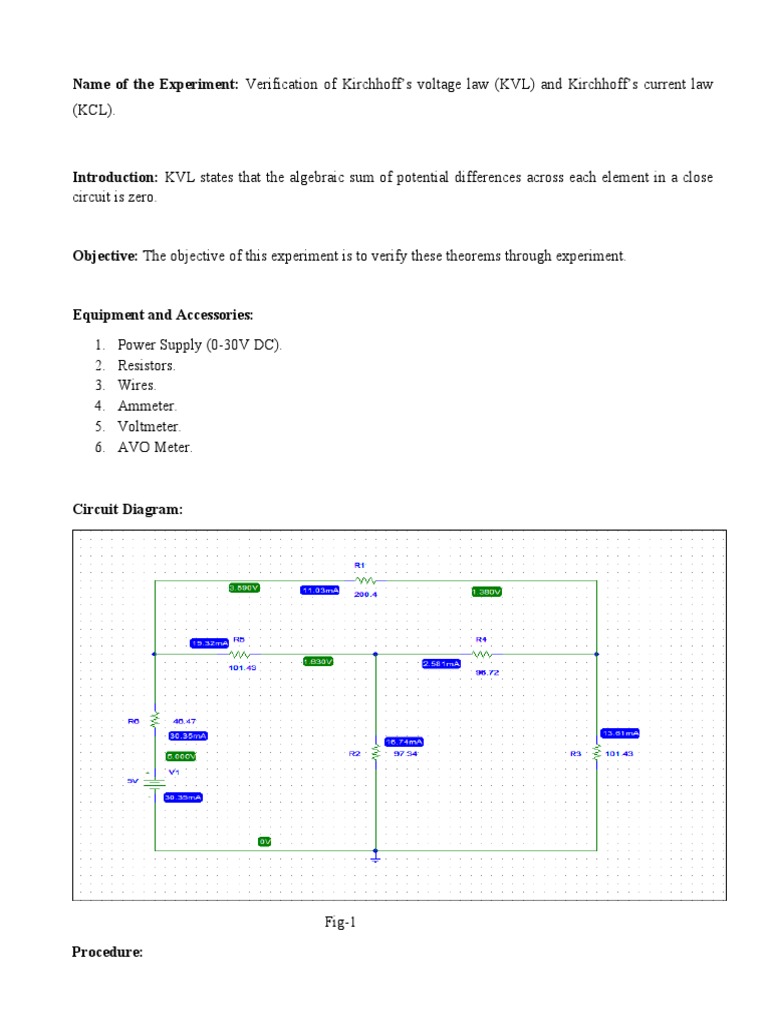 Verification of Kirchhoff's Voltage Law (KVL) and Kirchhoff's Current Law (KCL) | PDF | Voltage ...