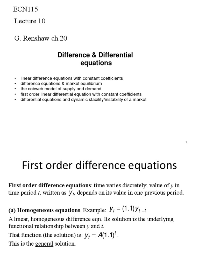 ECN115 G. Renshaw ch.20: Difference & Differential Equations | PDF | Recurrence Relation ...