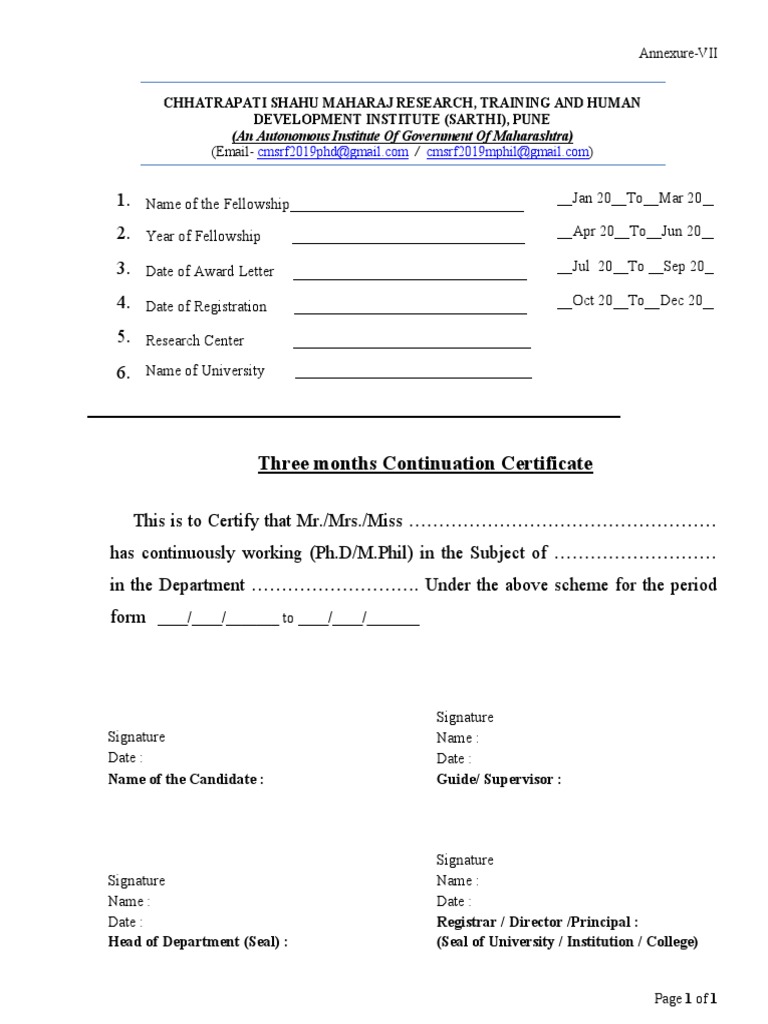 Annexure - VII (Continuation Certificate) | PDF