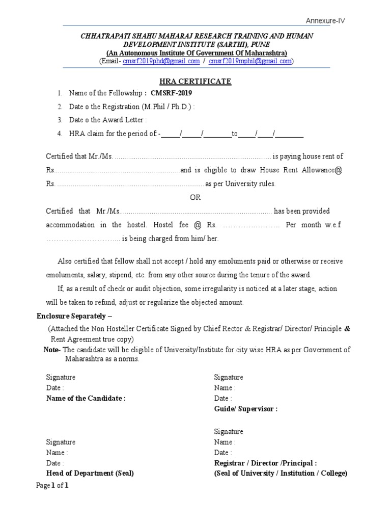 Annexure - IV (HRA Certificate) | PDF | Doctor Of Philosophy | Government