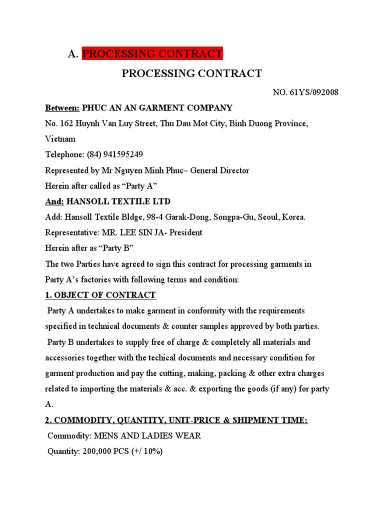 A. Processing Contract Processing Contract: Between: Phuc An An Garment ...