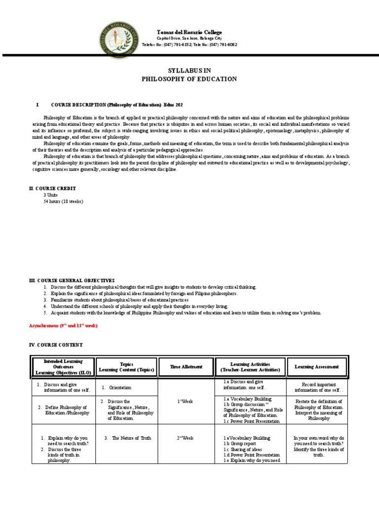 Philosophy of Education Syllabus for Tomas del Rosario College | PDF ...