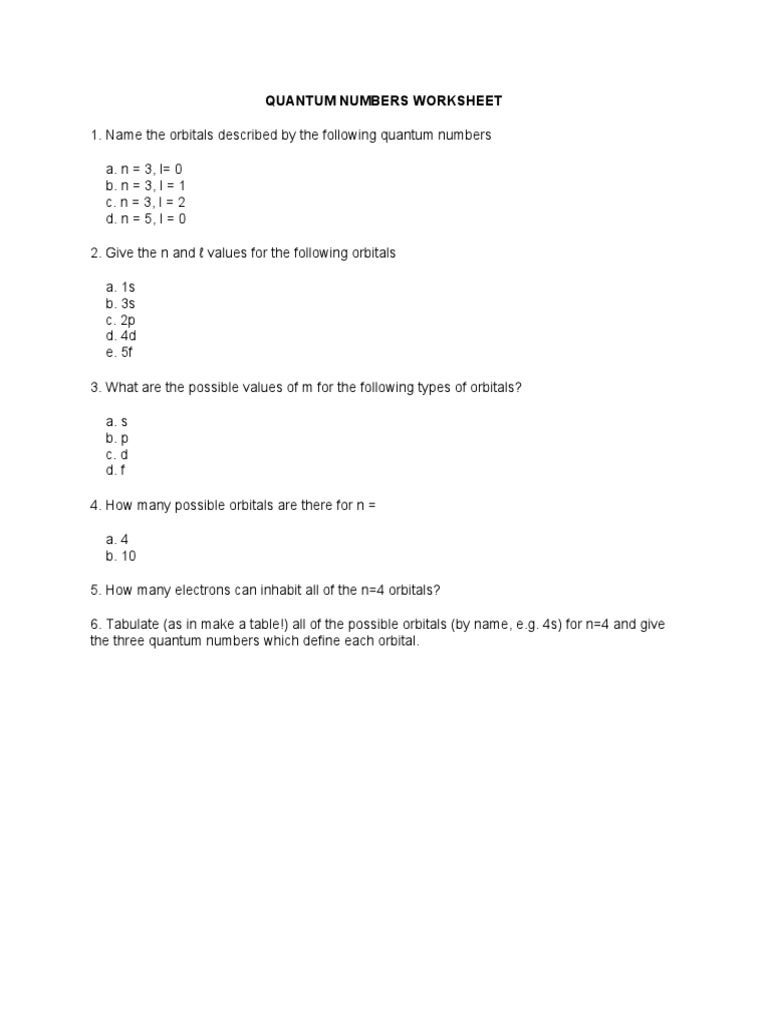 Quantum Numbers Practice Worksheet | PDF | Teaching Methods & Materials