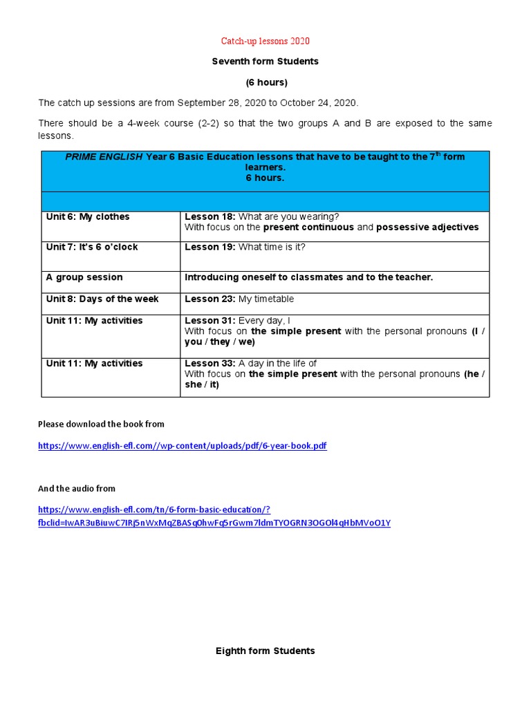 2020 Catch-Up English Lessons Schedule | PDF | Teachers | Learning