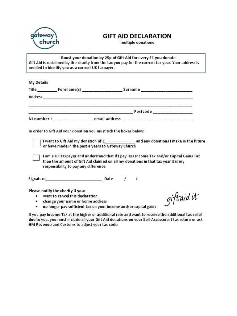Gift Aid Declaration Form Template | PDF | Business | Finance & Money ...