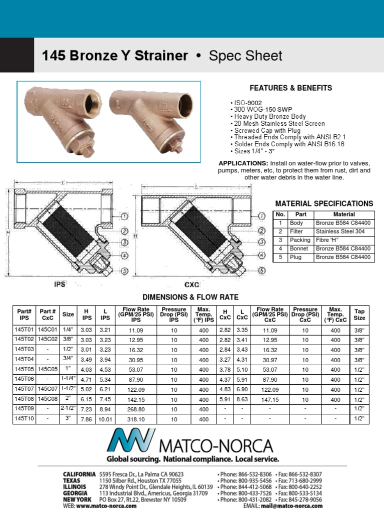 145 Bronze Y Strainer - Spec Sheet: Features & Benefits | PDF ...