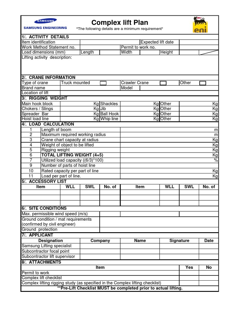 Complex Lift Plan and Checklist | PDF | Crane (Machine) | Elevator