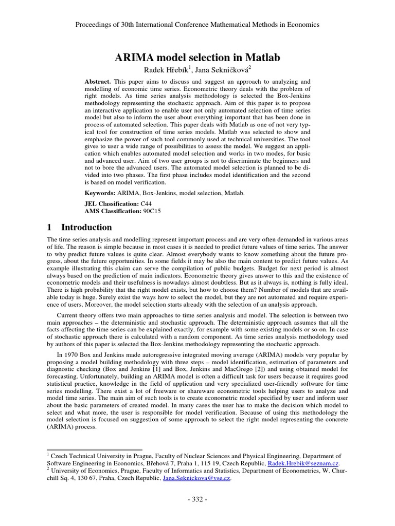 ARIMA Model Selection in Matlab: Radek Hřebík, Jana Sekničková | PDF ...