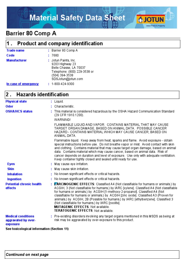 Barrier 80 Msds Comp A | PDF | Firefighting | Personal Protective Equipment