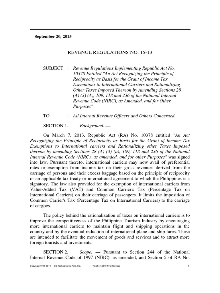 RR 15-13 | PDF | Tax Exemption | Tax Treaty