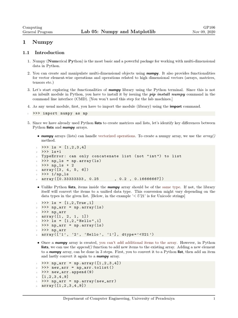 Lab Sheet 05 - Numpy and Matplotlib | PDF | Matrix (Mathematics) | Vector Space