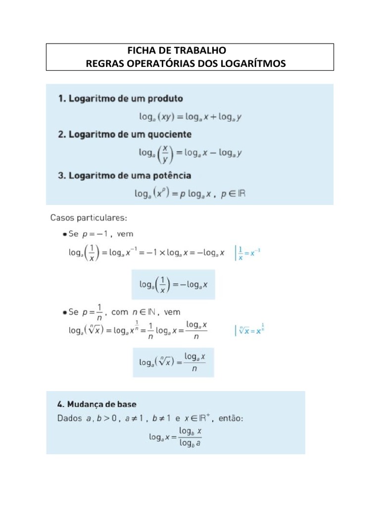 Ficha - Regras Operatórias Dos Logaritmos | PDF
