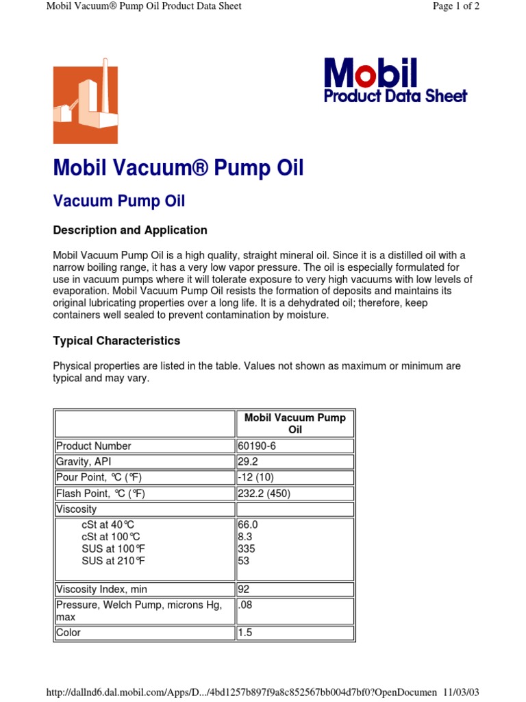 Mobil Vacuum® Pump Oil Product Data Sheet | PDF | Vacuum | Pump