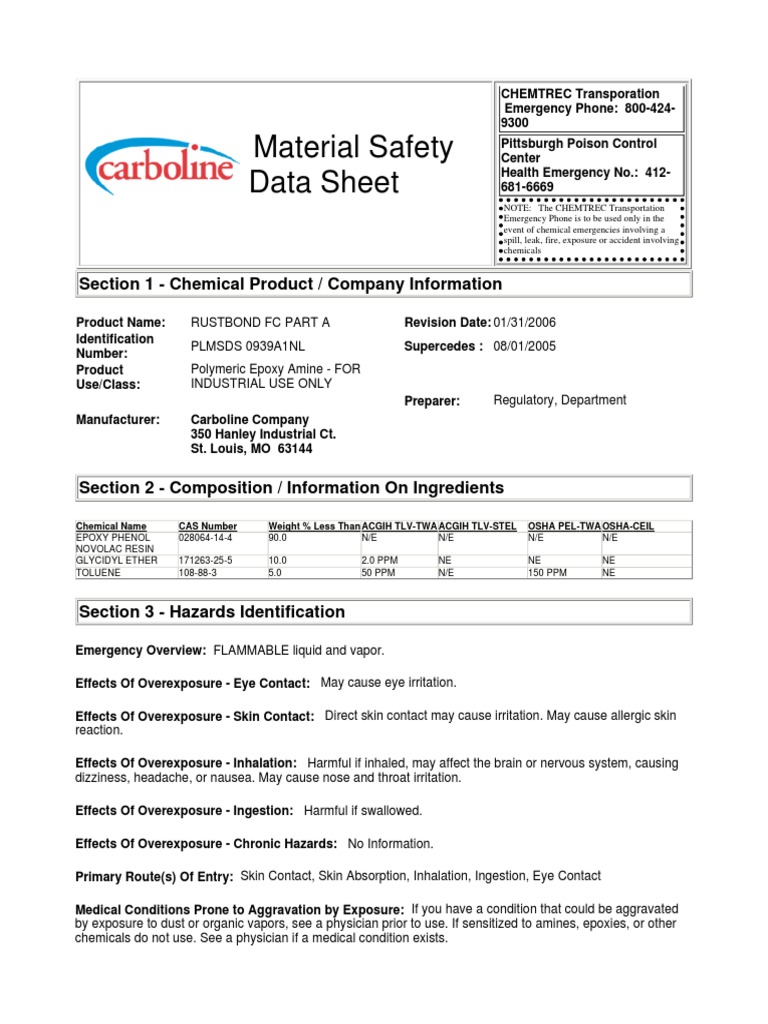 Emergency Contact Information for Rustbond FC Part A Polymeric Epoxy ...