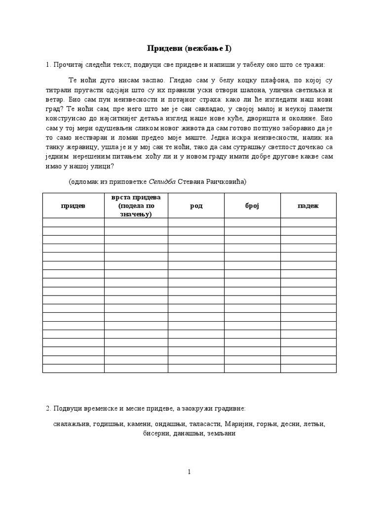 Pridevi, Vežbanje 1 (Peti Razred) | PDF
