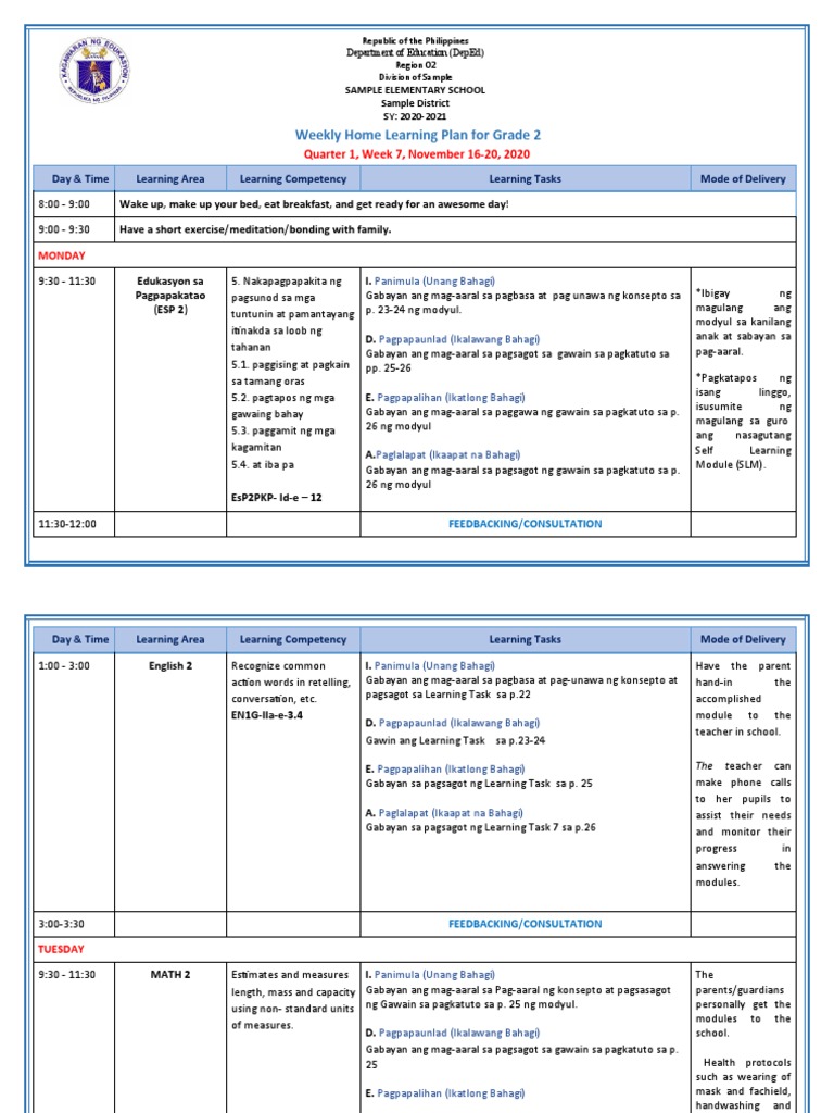 Grade 2 - All Subjects - WHLP - Q1 - W7 | PDF
