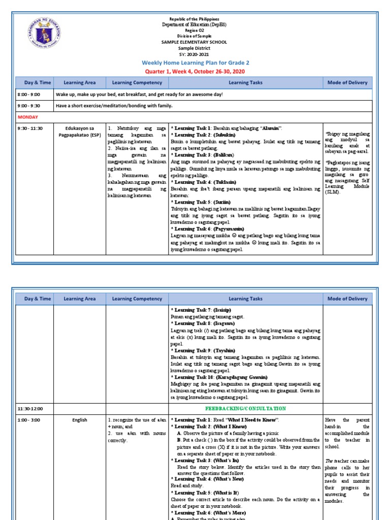 Grade 2 - All Subjects - WHLP - Q1 - W4 | PDF