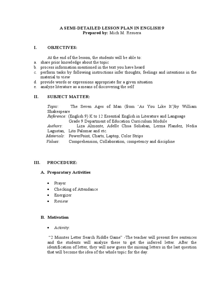Semi-Detailed Lesson Plan: Shakespeare's Poem | PDF | Reading ...