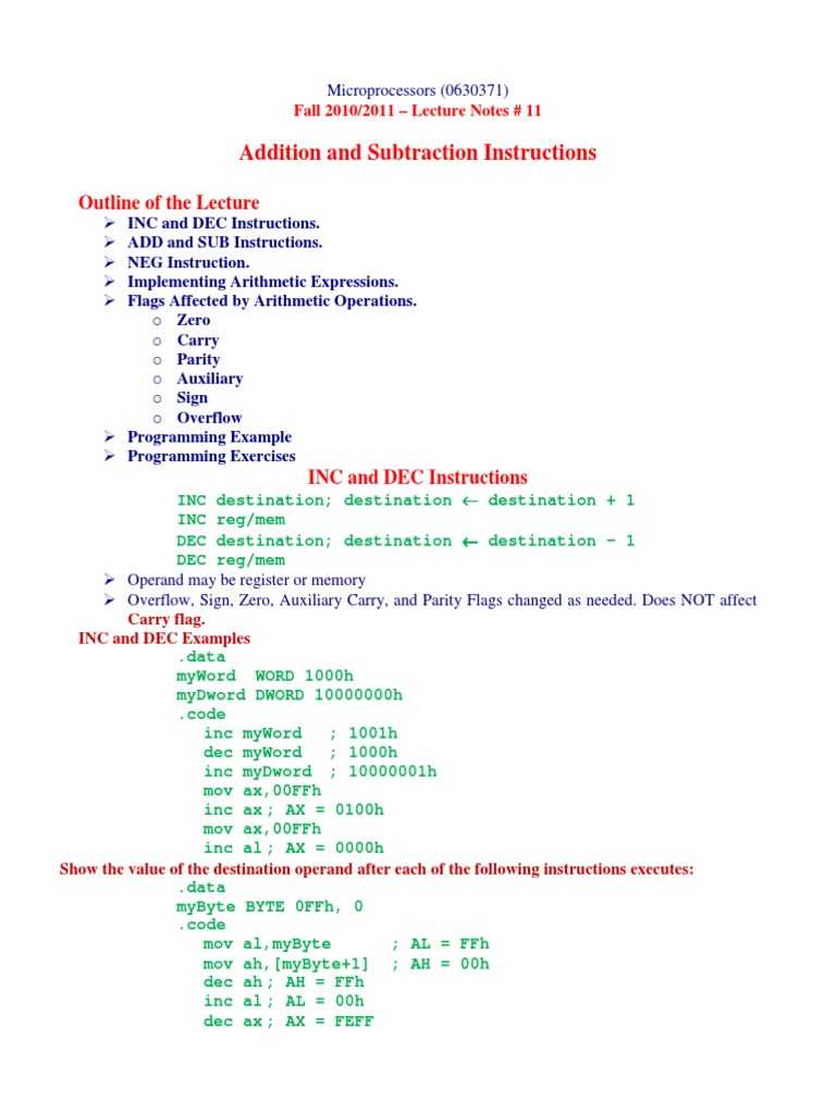 Lecture 11 Addition and Subtraction Instructions | PDF | Numbers ...