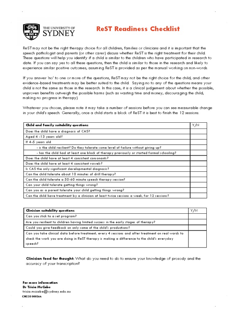 Rest Readiness Checklist: Child and Family Suitability Questions | PDF ...