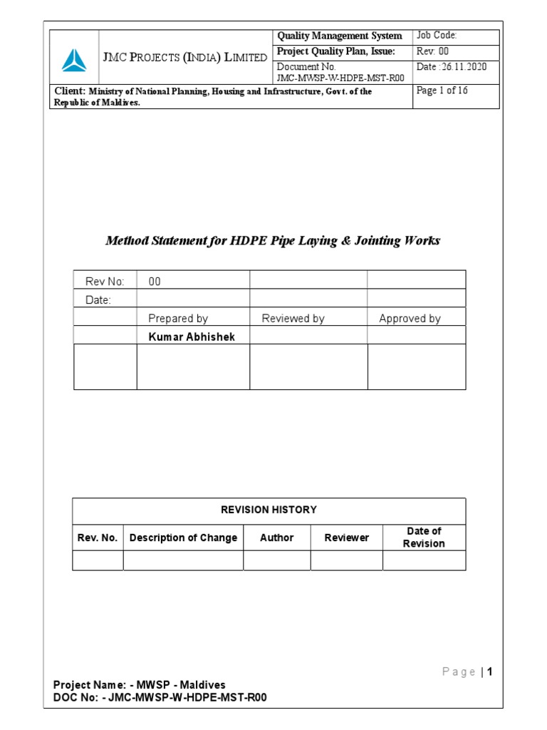 Method Statement-HDPE-MWSP | PDF | Pipe (Fluid Conveyance) | Personal ...
