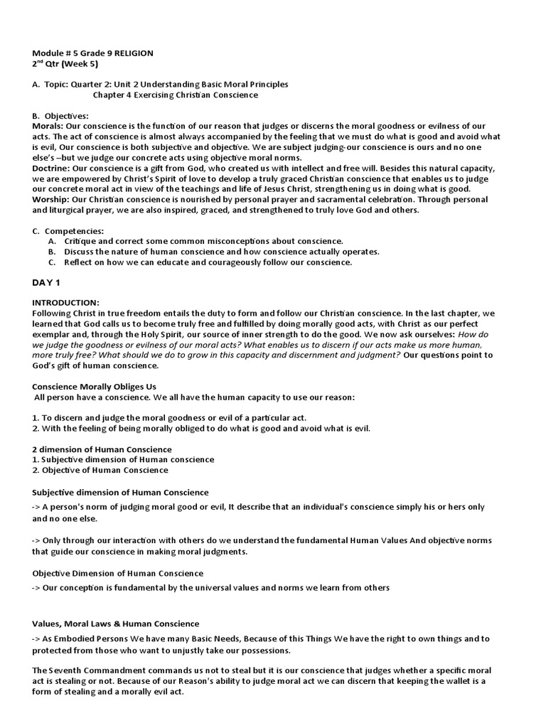 MOdule-WEEK 5 - Grade 9 RELIGION QTR-2... | PDF | Conscience | Good And ...