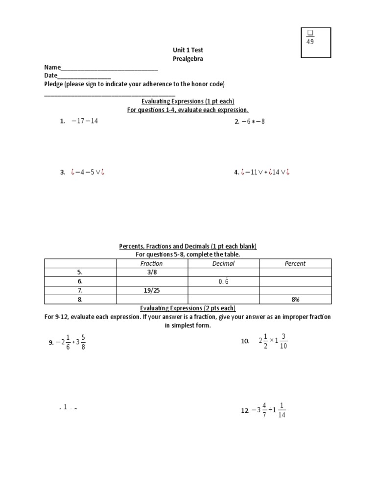 Unit 1 Test Prealgebra: Fraction Decimal Percent | Download Free PDF ...