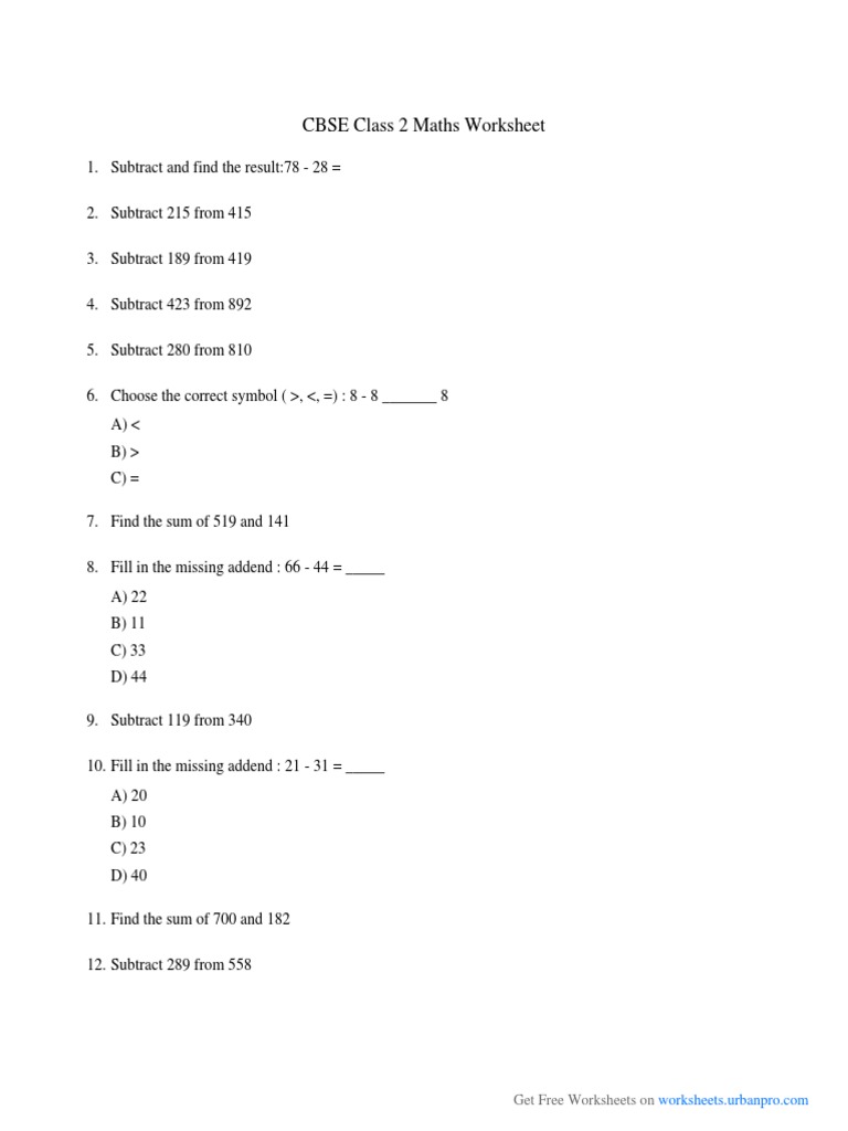 CBSE Class 2 Maths Worksheet: Get Free Worksheets On | PDF